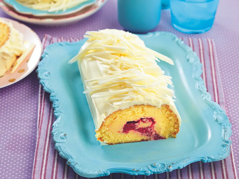 White chocolate and raspberry roulade