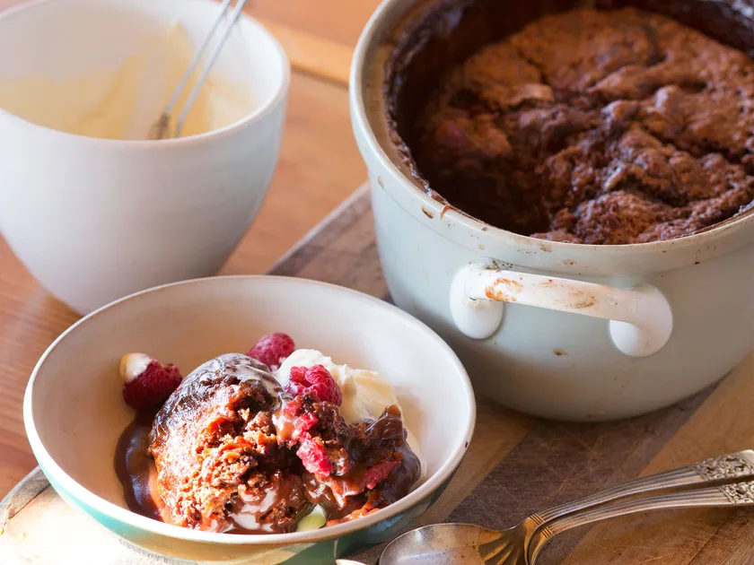 Chocolate and raspberry self-saucing pudding