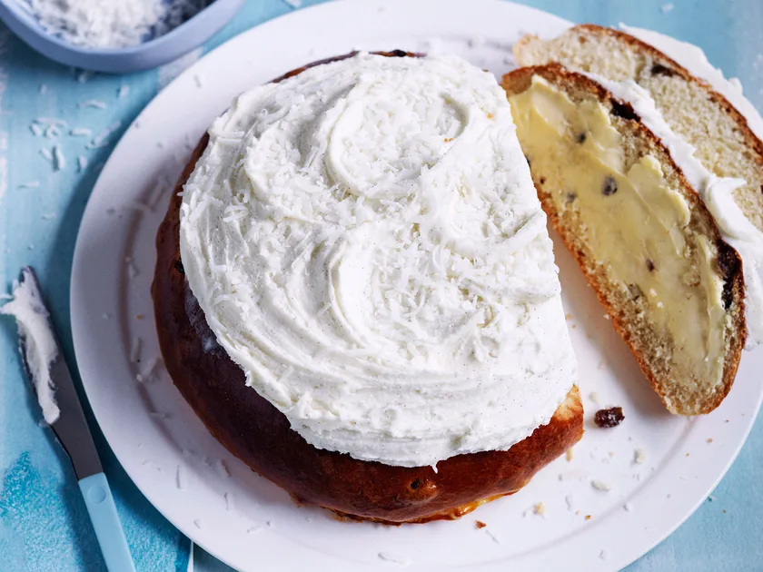 Boston bun with vanilla coconut frosting