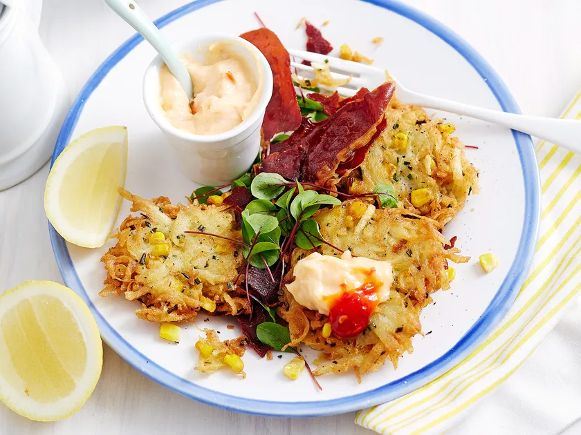 Potato and corn rosti with chilli aioli