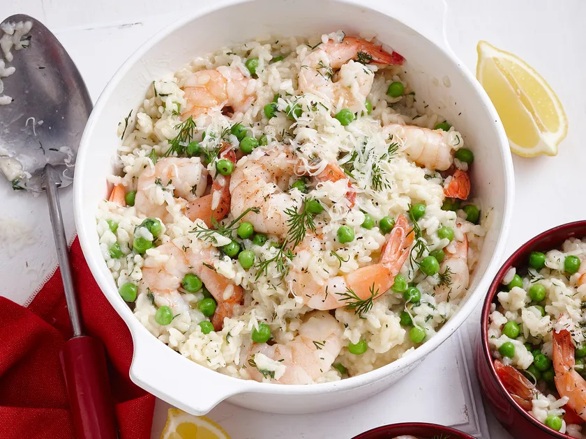 Oven baked prawn and pea risotto