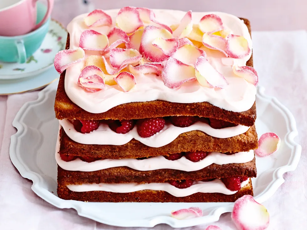 Layered pink raspberry velvet cake