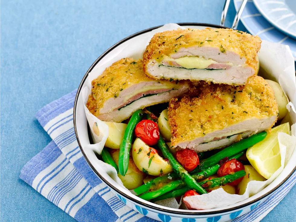 Cheese and ham-stuffed chicken schnitzel