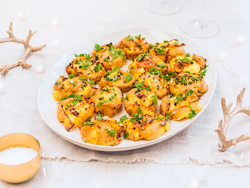 Roast smashed spuds with garlic and lemon