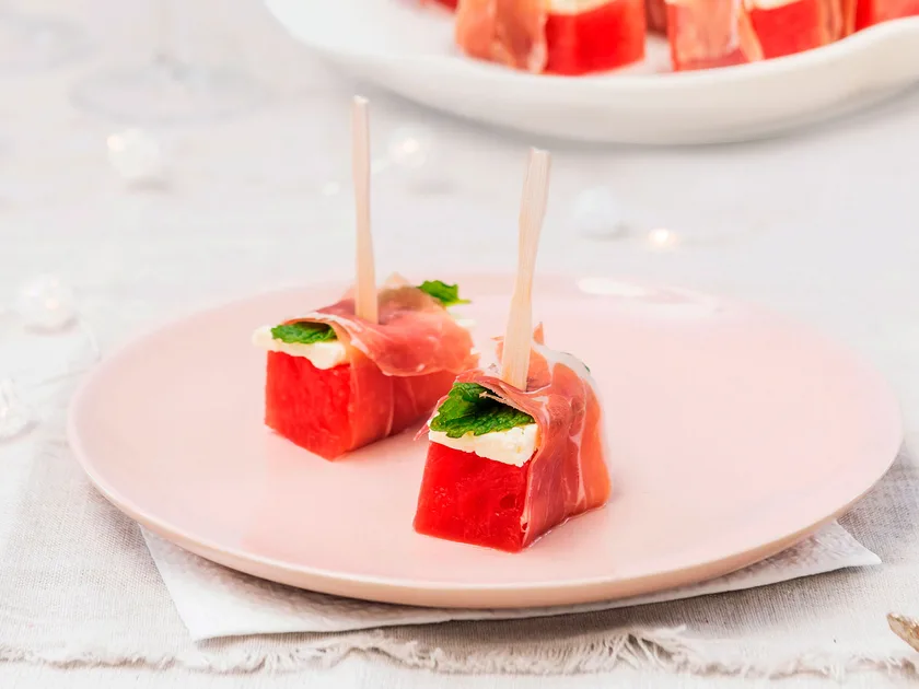 Watermelon, feta and prosciutto wraps
