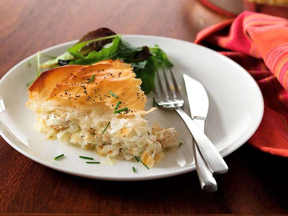 Winter smoked fish filo pie