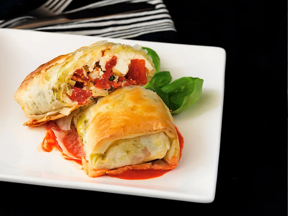 Rain Bar & Restaurant’s vegetarian filo parcels with bell pepper sauce
