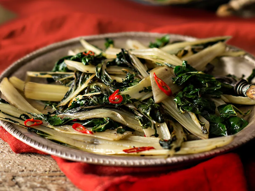 Warm salad of silverbeet stems, chilli and garlic