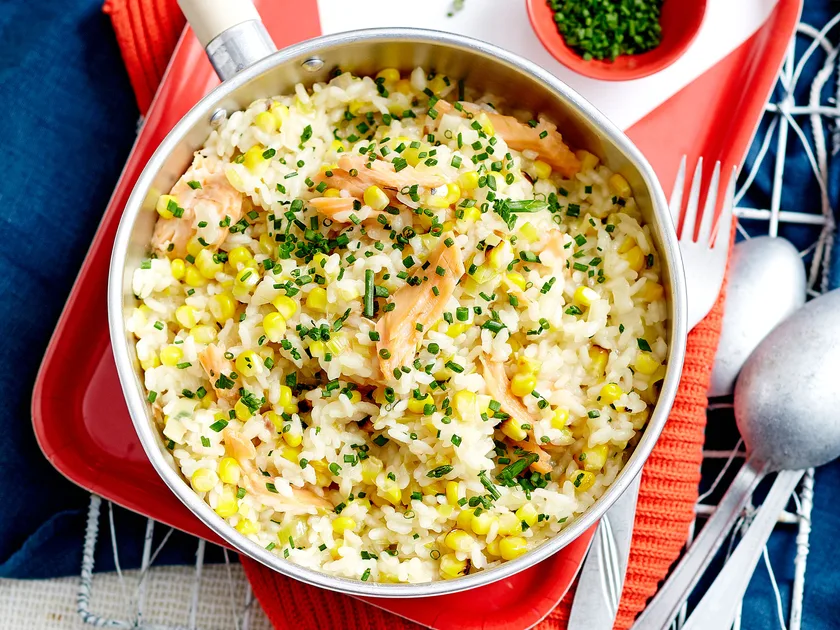 Smoked fish, corn and rice one-pot meal