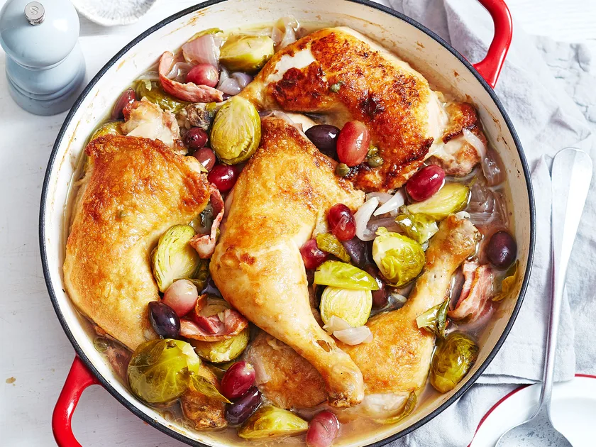 Chicken Maryland bake with grapes and olives