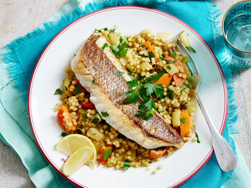 Moroccan fish with fennel and carrot Israeli couscous