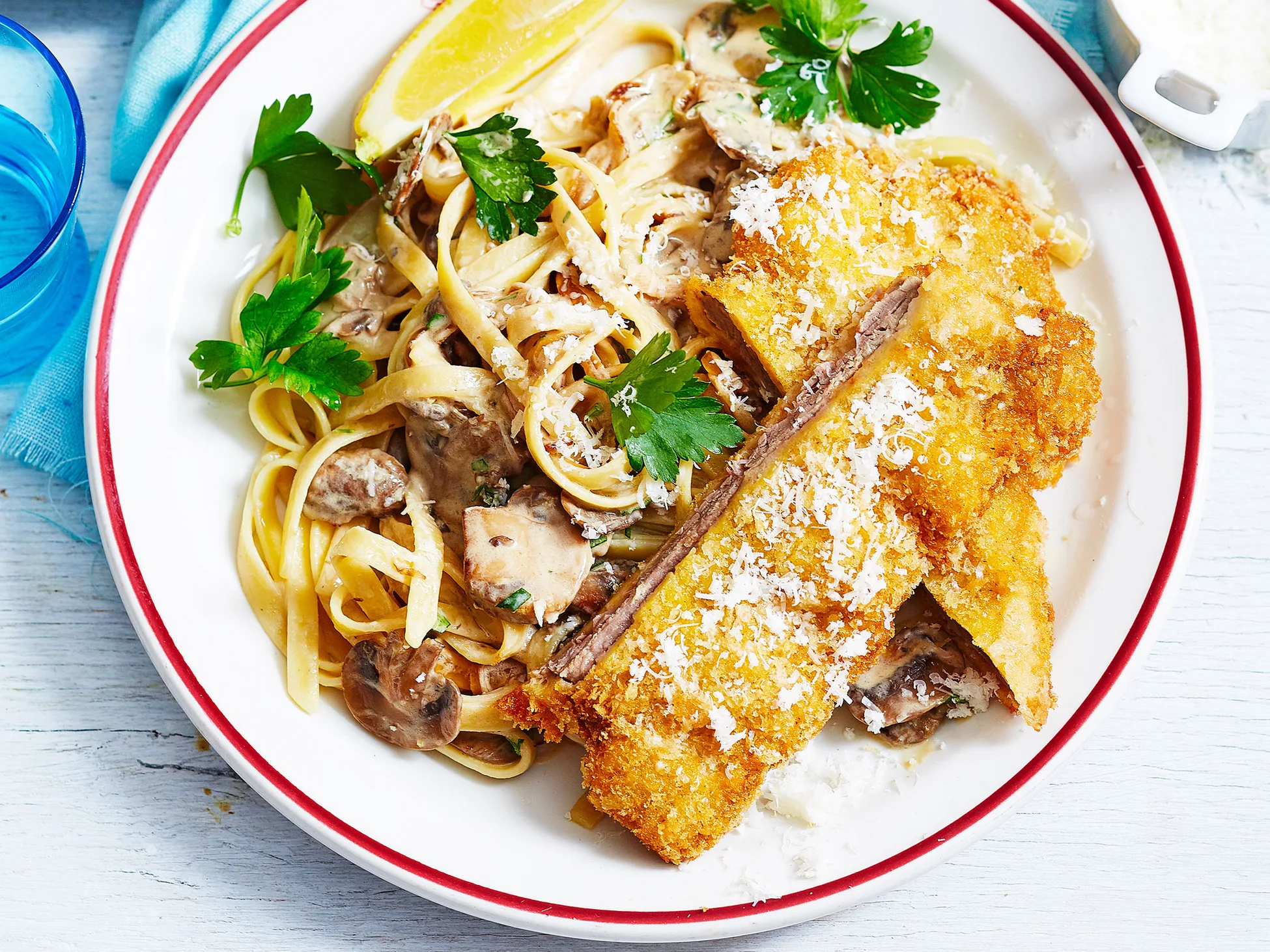 Beef schnitzel with stroganoff sauce