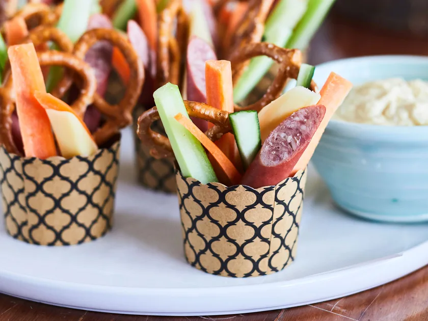 Kids vegetable snack cups with cheesy pineapple dip