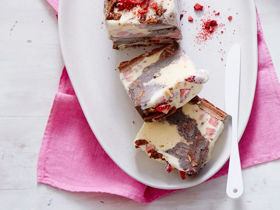 Tim Tam, strawberry and almond ice cream log