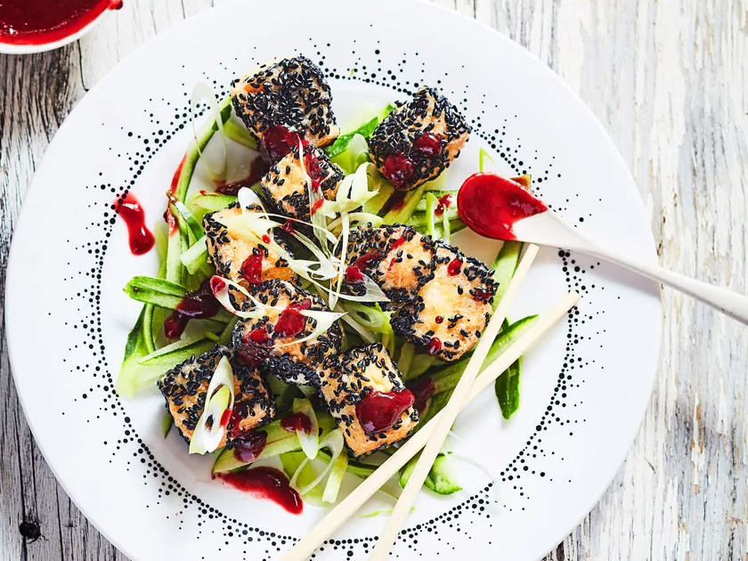 Fried tofu with sweet and spicy Chinese plum sauce
