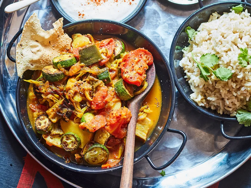 Indian-style spiced ratatouille with rice and pappadums