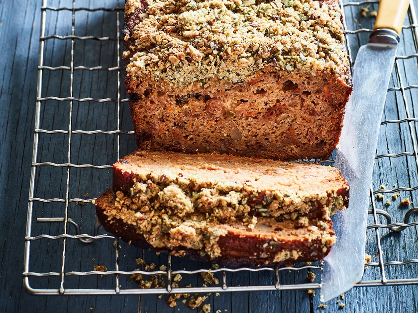 Moist carrot cake loaf with crumble topping