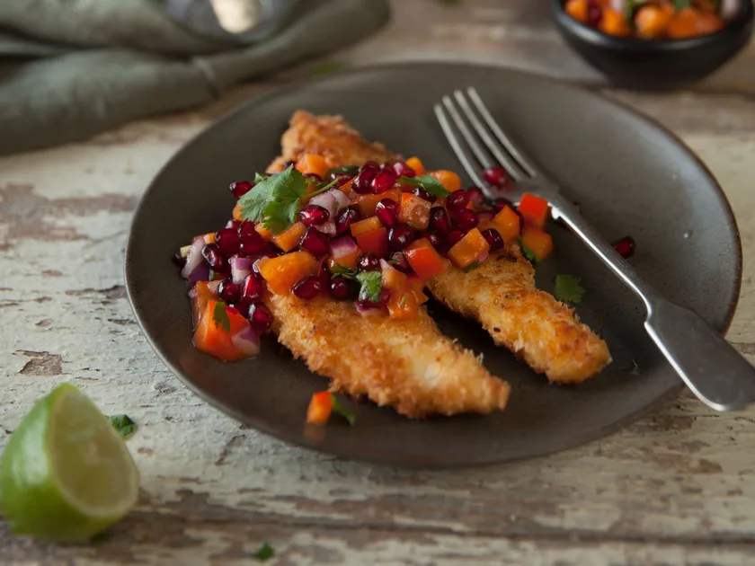Persimmon salsa with crispy fish