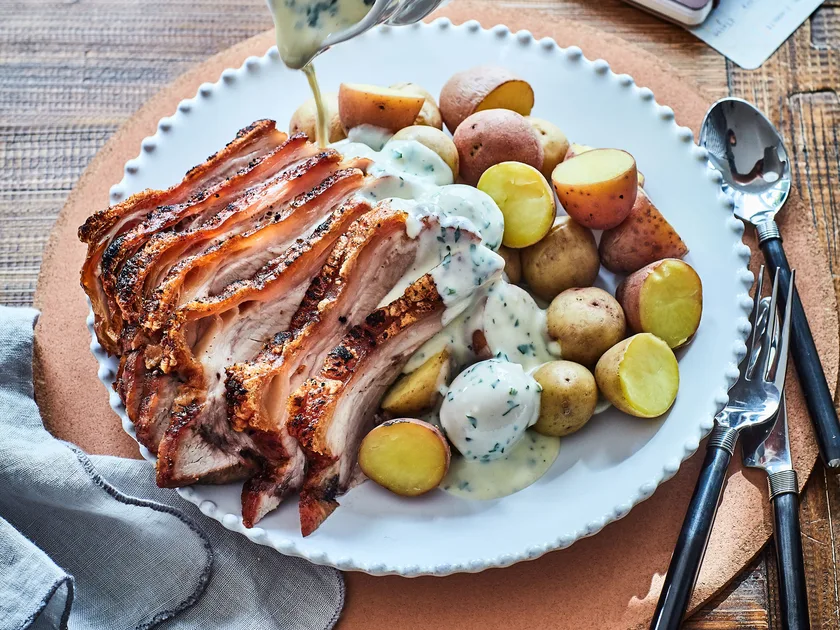 Danish stegt flæsk med persillesovs (grilled pork belly with parsley sauce)
