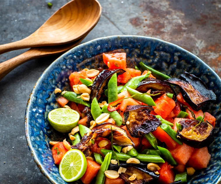 Watermelon, eggplant and beans