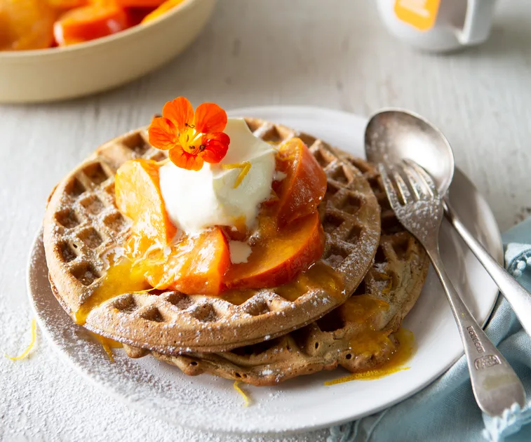 Spiced poached persimmons with gingerbread waffles