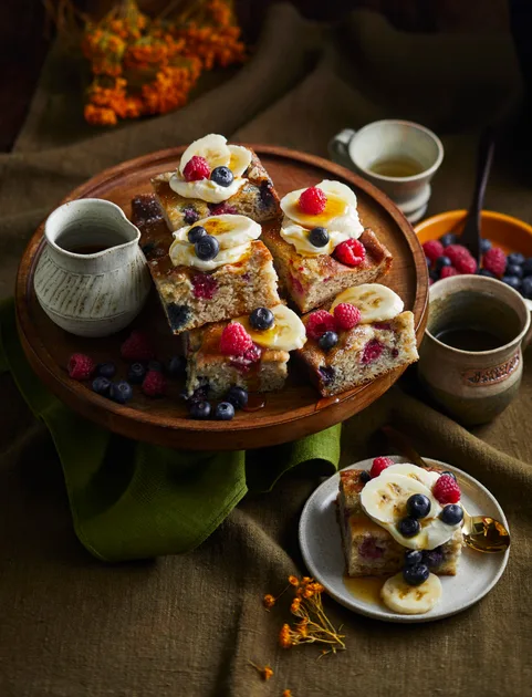 Banana and mixed berry pancake tray bake - Better Homes & Gardens Australia