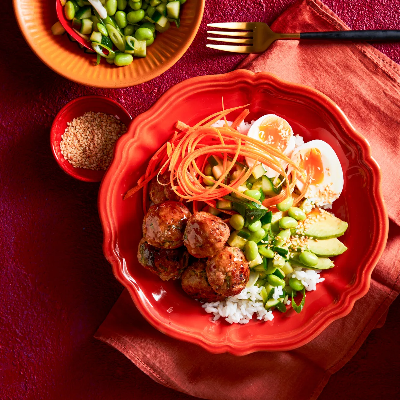 Teriyaki meatball rice bowl with edamame salad - Better Homes & Gardens ...