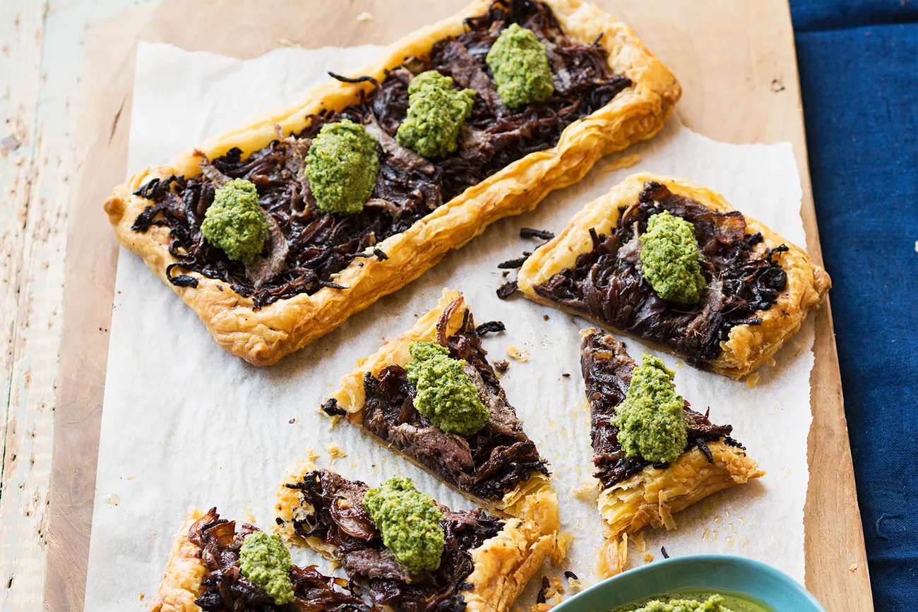 Red onion French pizza with green olive tapenade Recipe | Better Homes ...