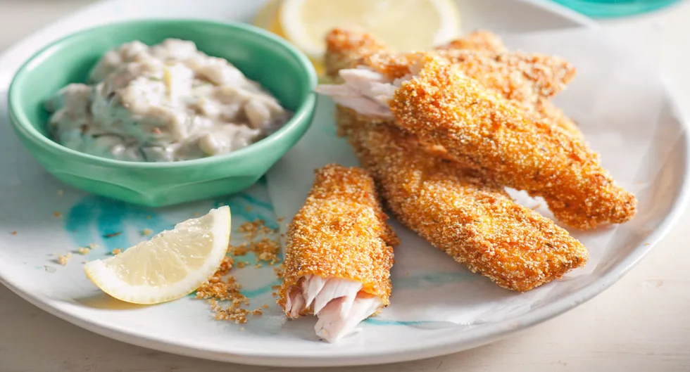 Homemade fish fingers with cheesy polenta crust and tartare sauce ...