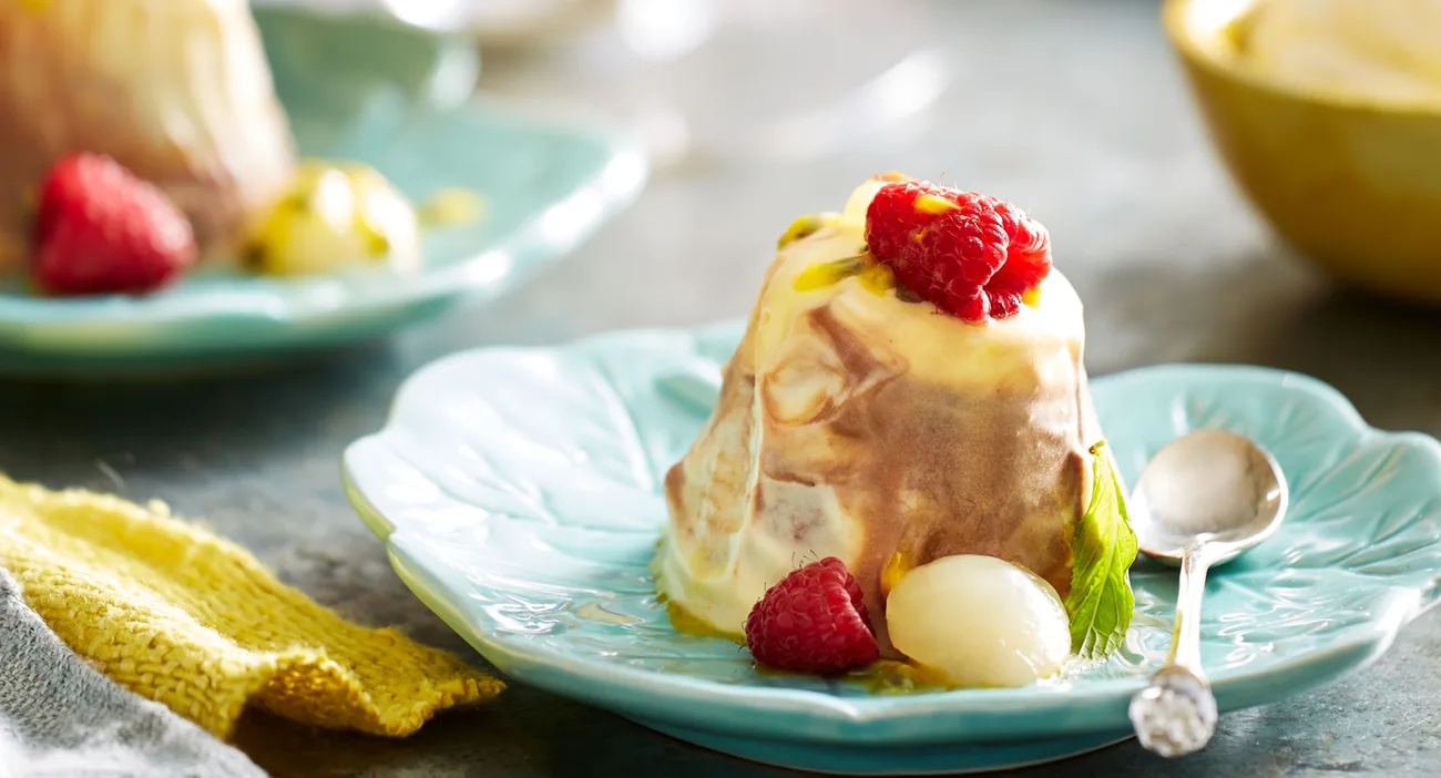Black tan frozen chocolate mousse lychee raspberry salsa Recipe ...