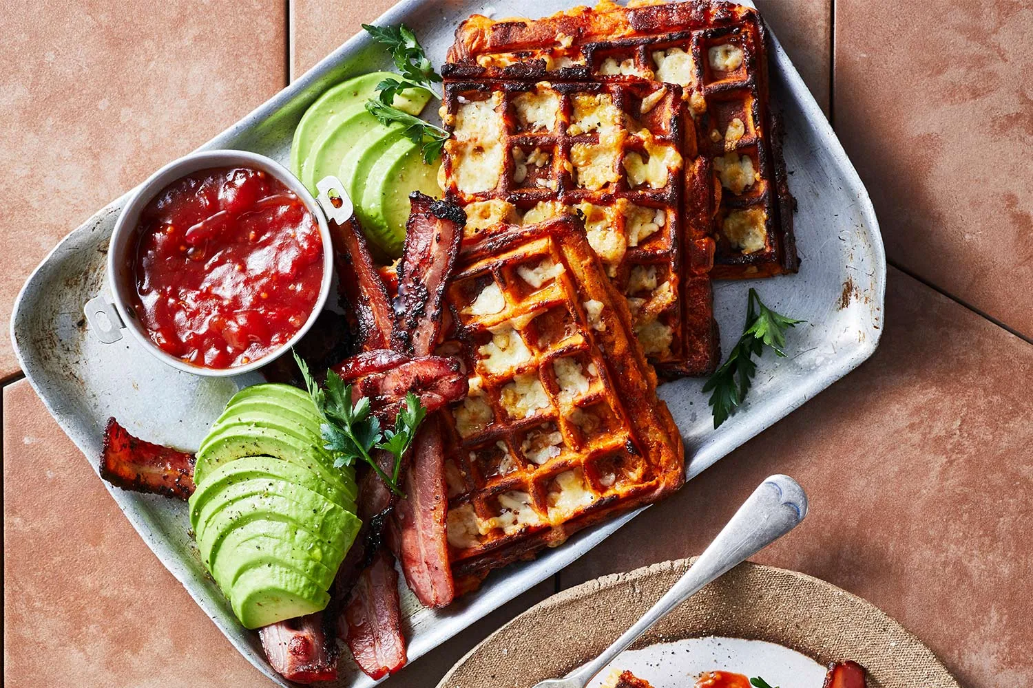 Spaghetti and double cheese waffles with crispy bacon Recipe | Better ...