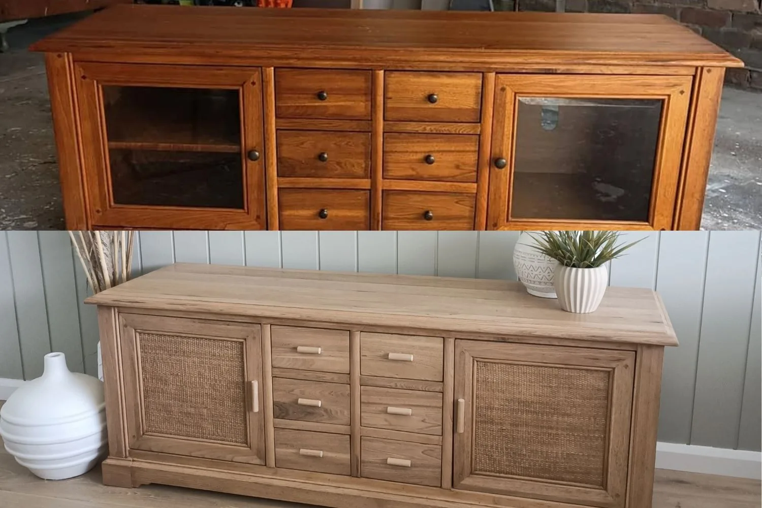 A coastal style rattan makeover on an old TV unit