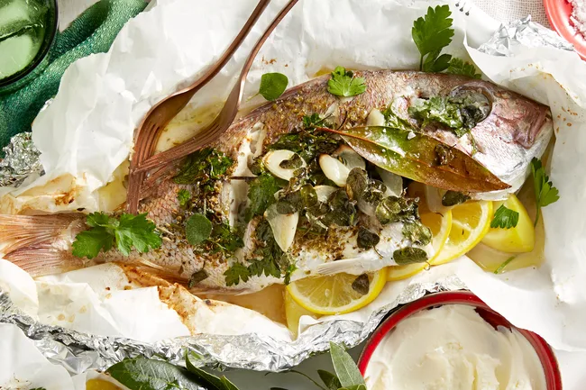 BBQ Whole Snapper with Oregano and Potato - Better Homes & Gardens ...