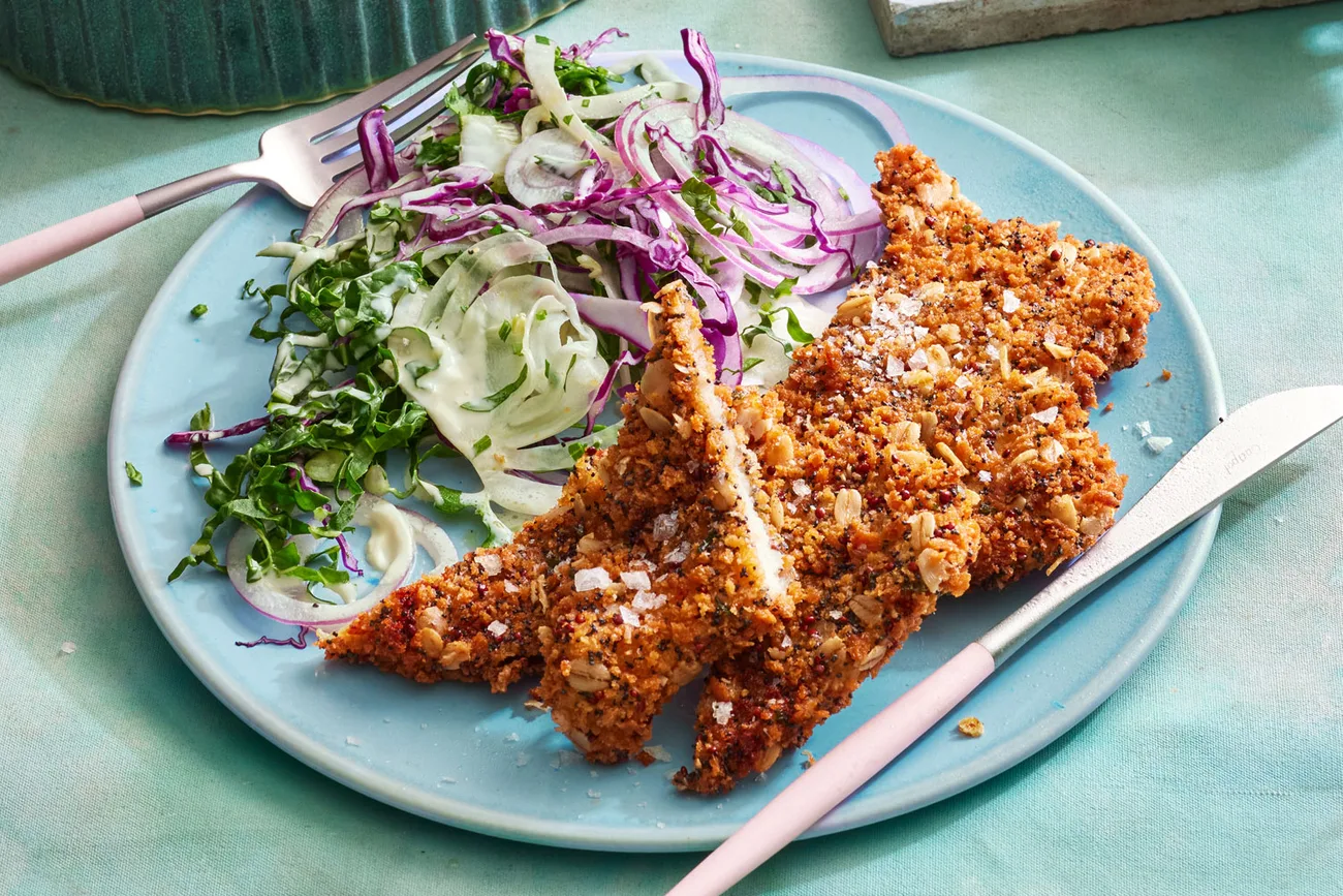 Colin's chicken snitzel features seeds, quinoa and oats Recipe - Better ...