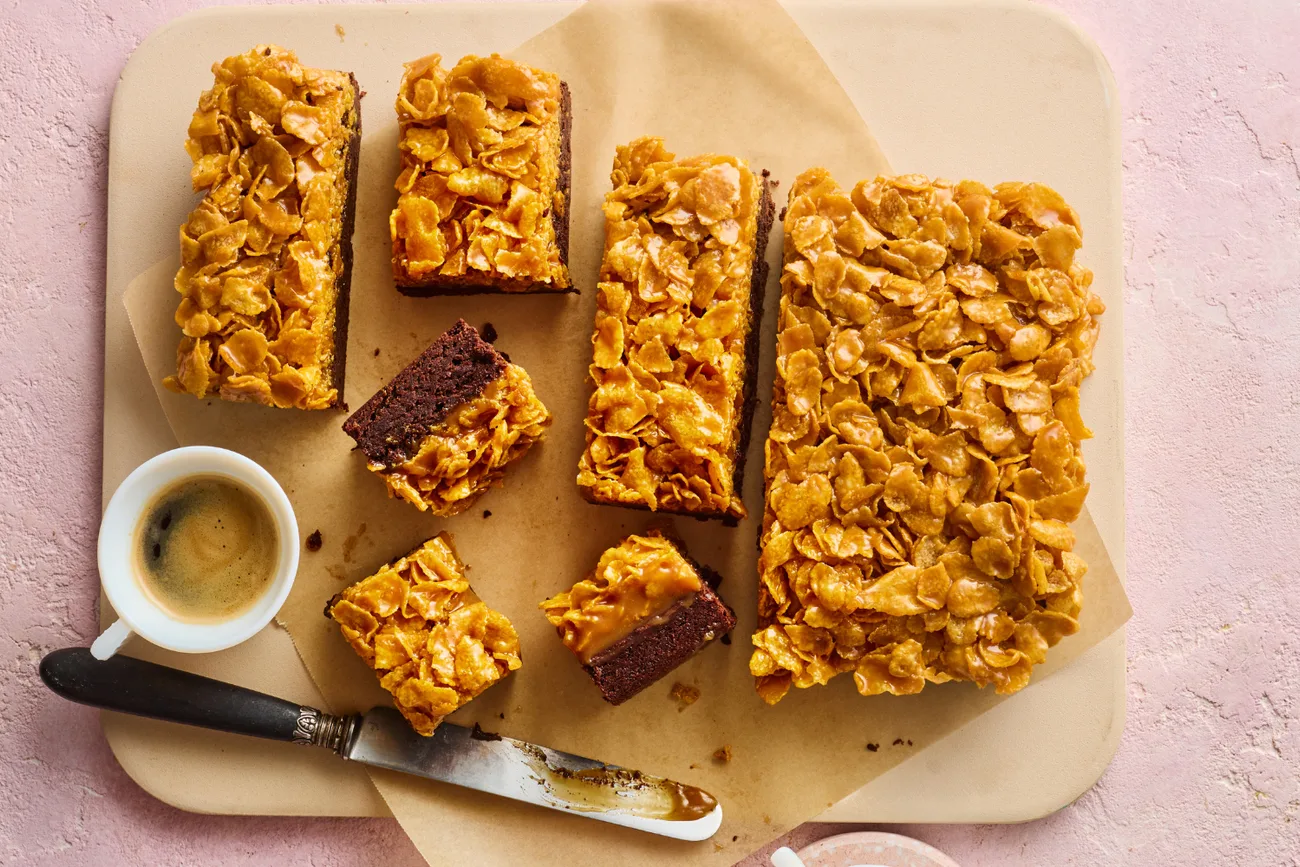 Satisfy your sweet tooth with this Caramel Cornflake Brownie recipe