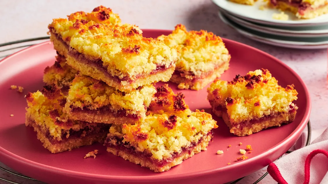 Our Raspberry Coconut Slice is free of dairy, nuts and gluten