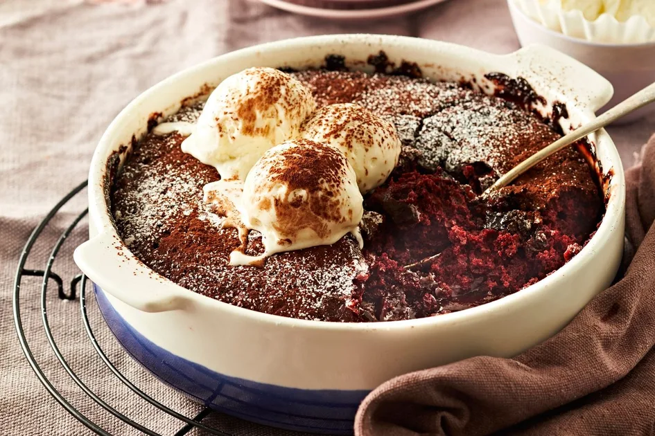 Red Velvet Cherry Ripe Self-Saucing Pudding Recipe | New Idea