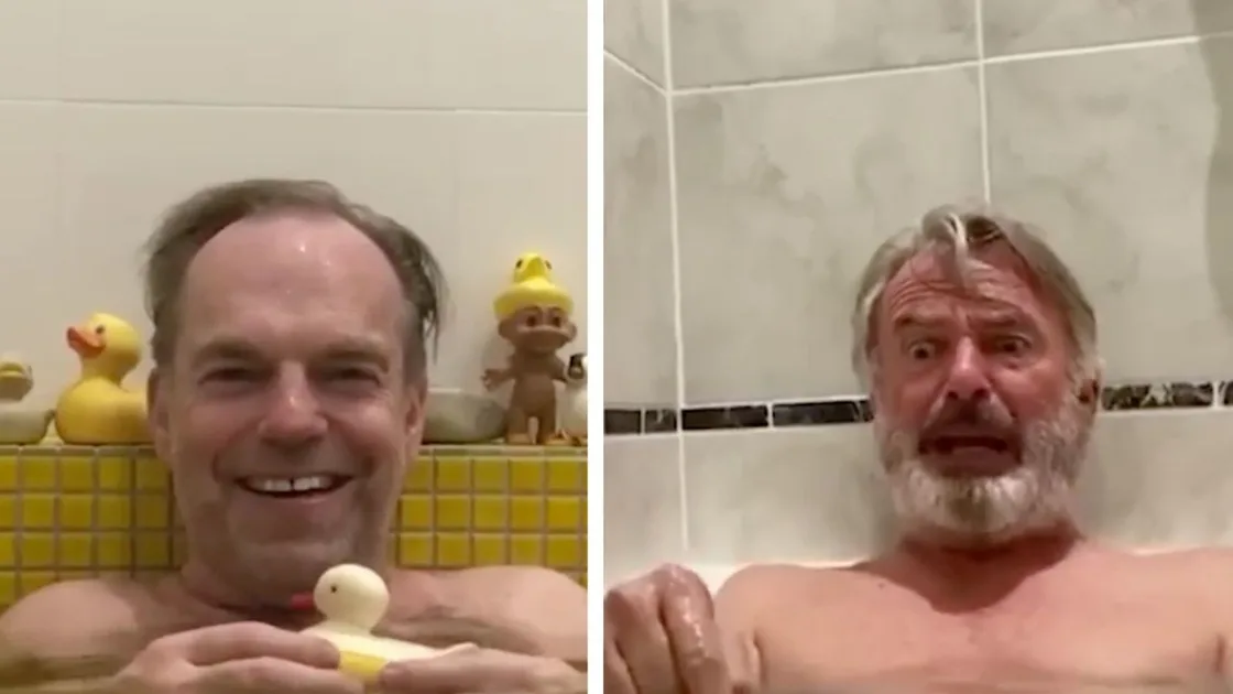 Sam Neill and Hugo Weaving strip down in hilarious bath-time skit | New ...