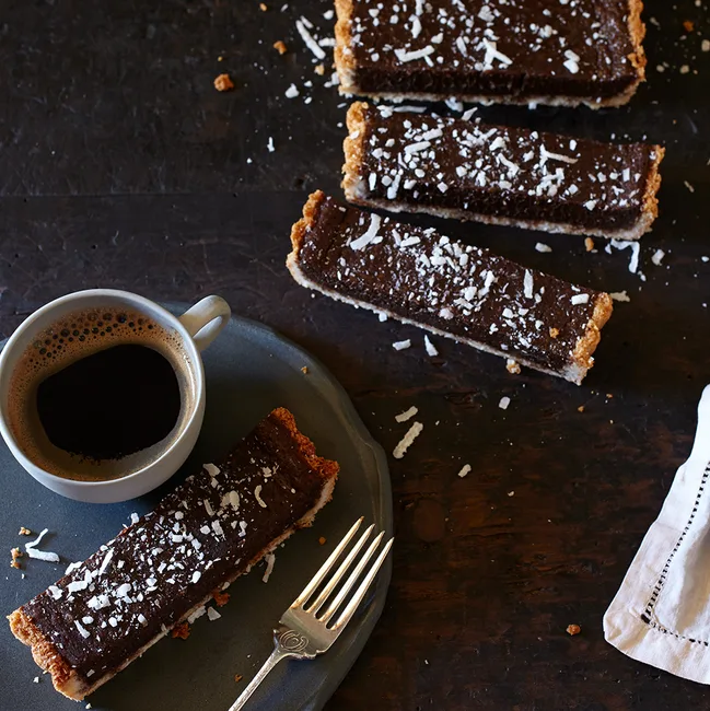 Chocolate caramel slice with macaroon crust recipe Recipe | Home Beautiful