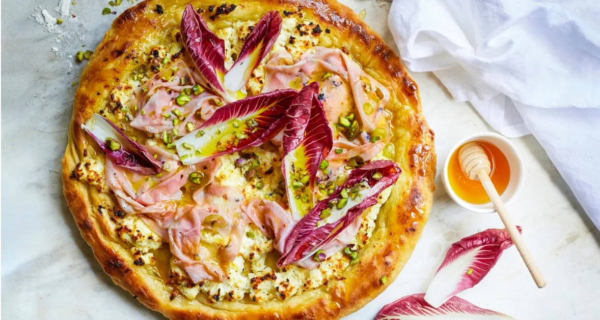 Mozzarella, Pistachio and Mortadella Pizza Recipe | Home Beautiful
