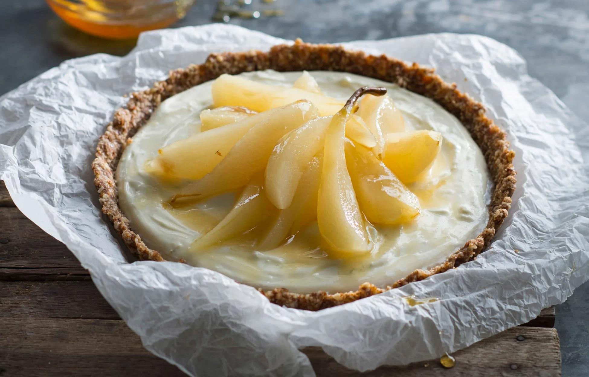 No-bake poached pear flan with lime cream Recipe | Home Beautiful