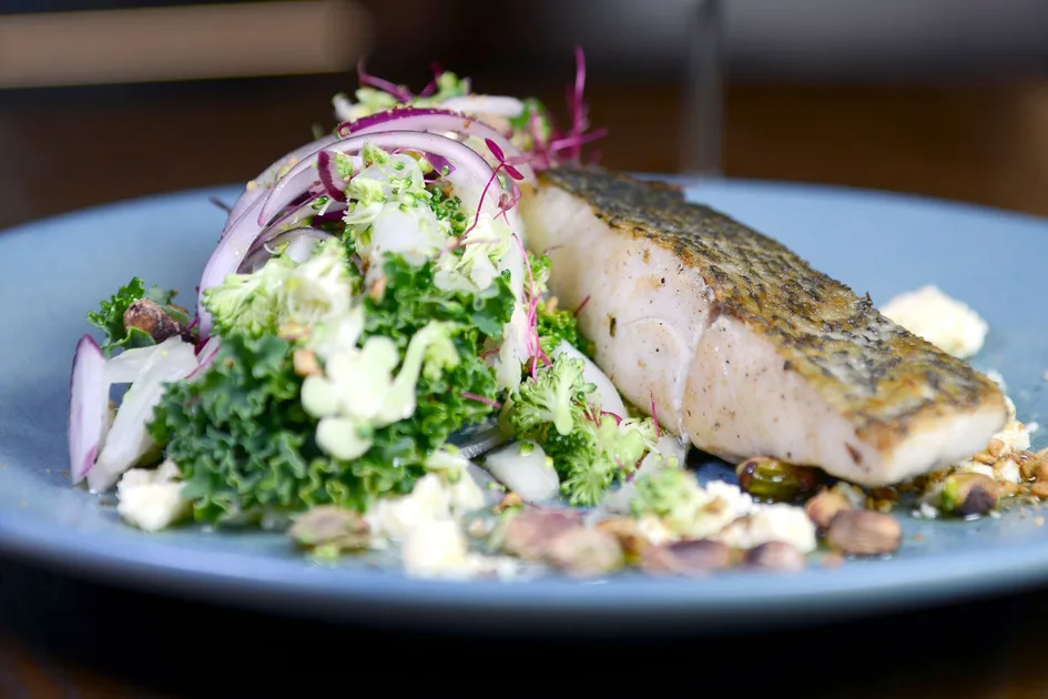 Blue eye cod with fresh greens, dukkah and lemon & feta dressing Recipe ...
