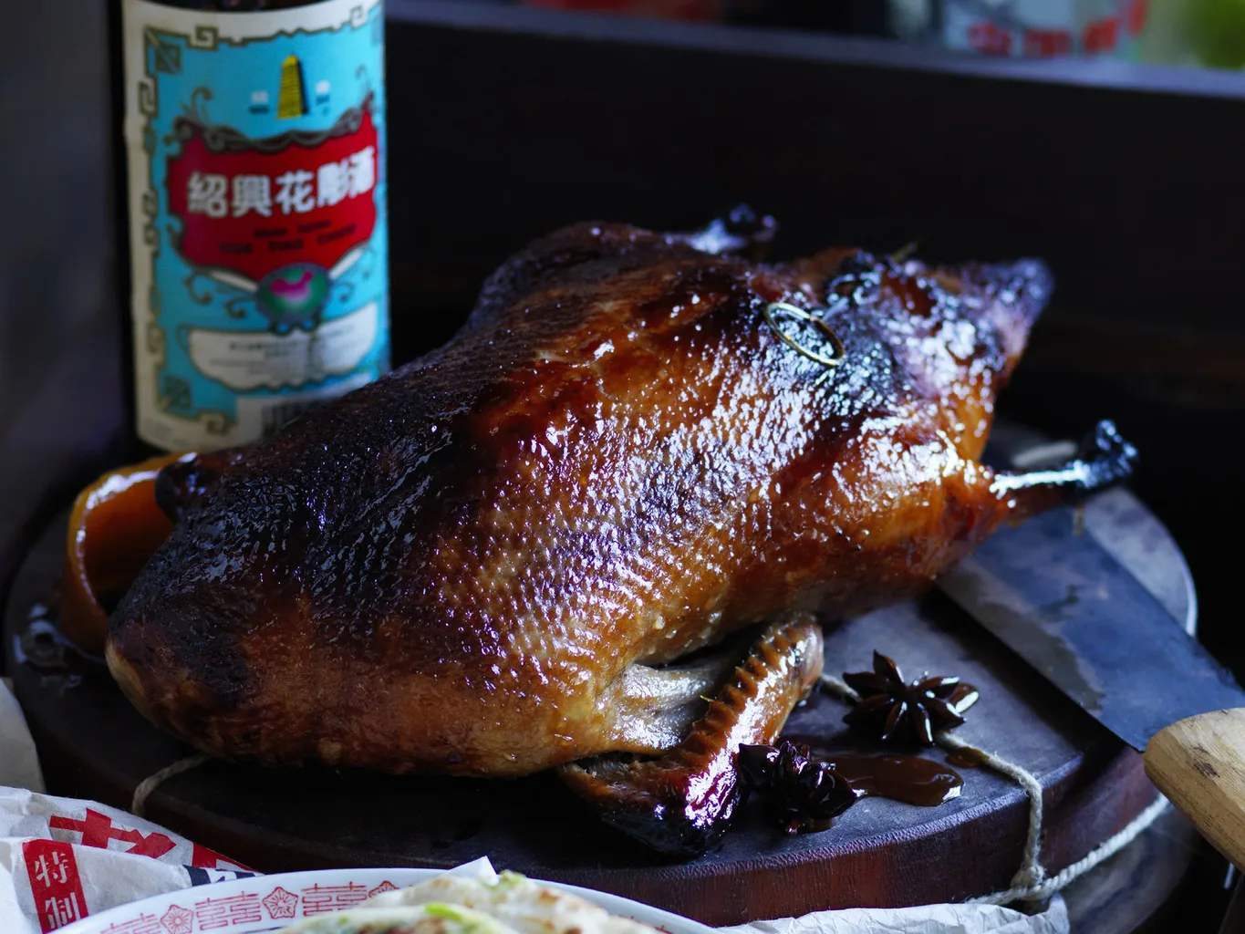 Chinese roast duck with green onion pancakes