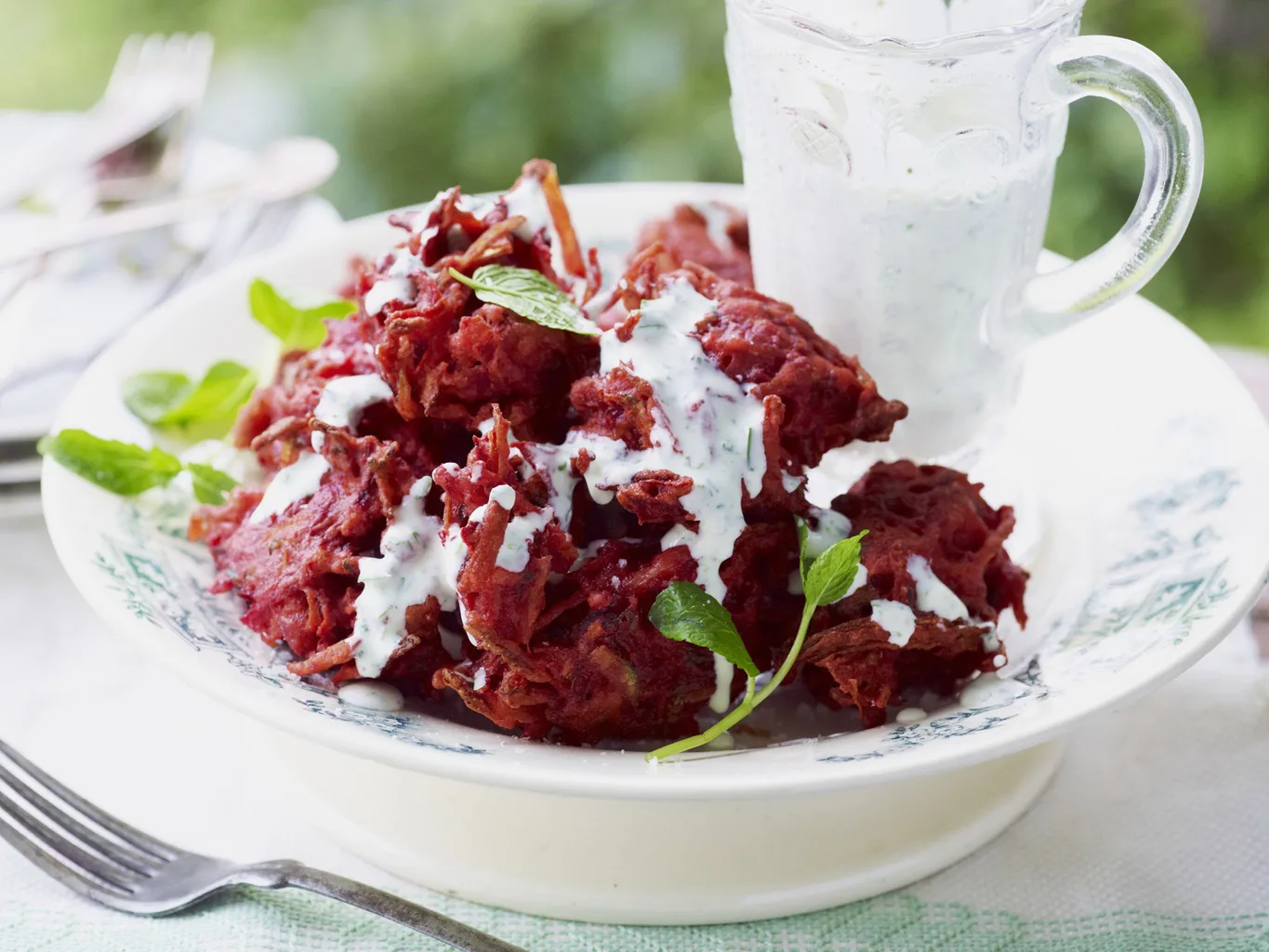 Beetroot and Zucchini Pakoras with Mint Yoghurt