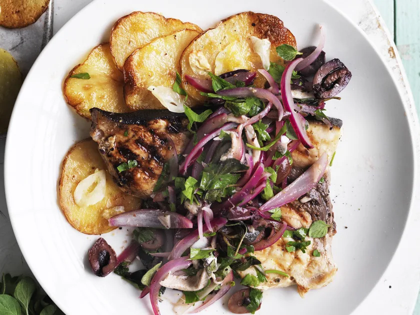 Fish Steaks with Kalamata Olive Dressing