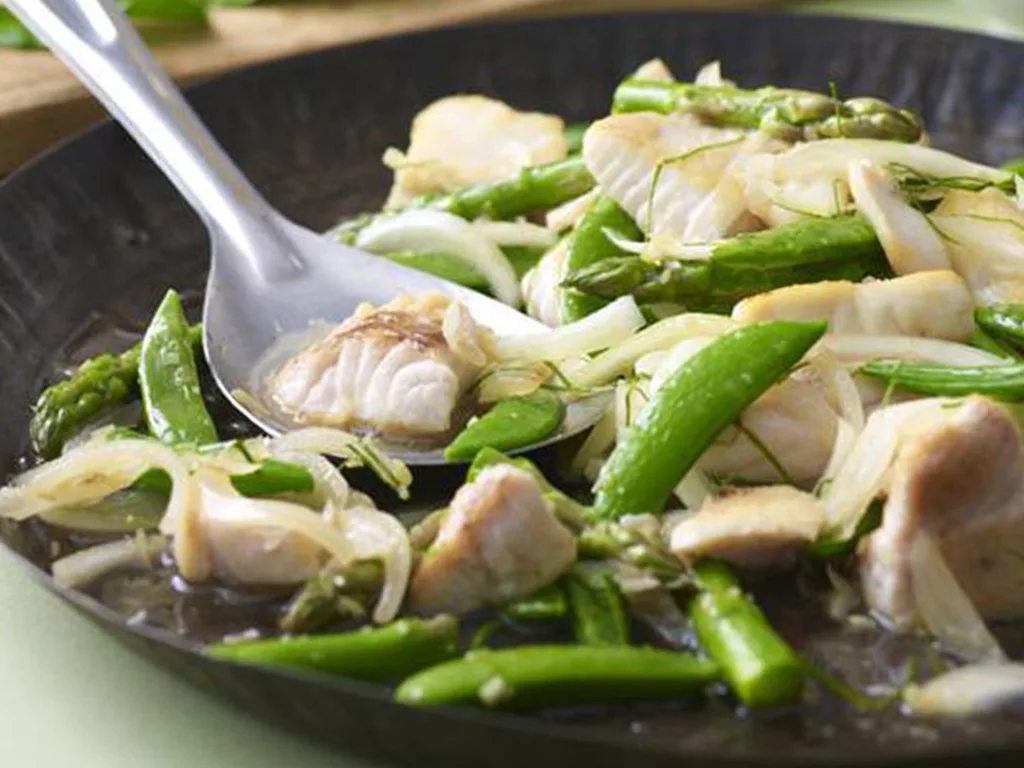 Fish with Makrut Lime and Sugar Snap Peas