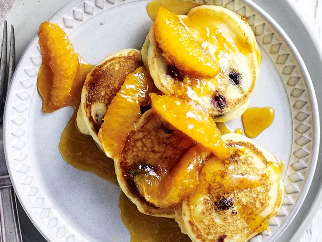 Blueberry Ricotta Pikelets with Caramelised Oranges