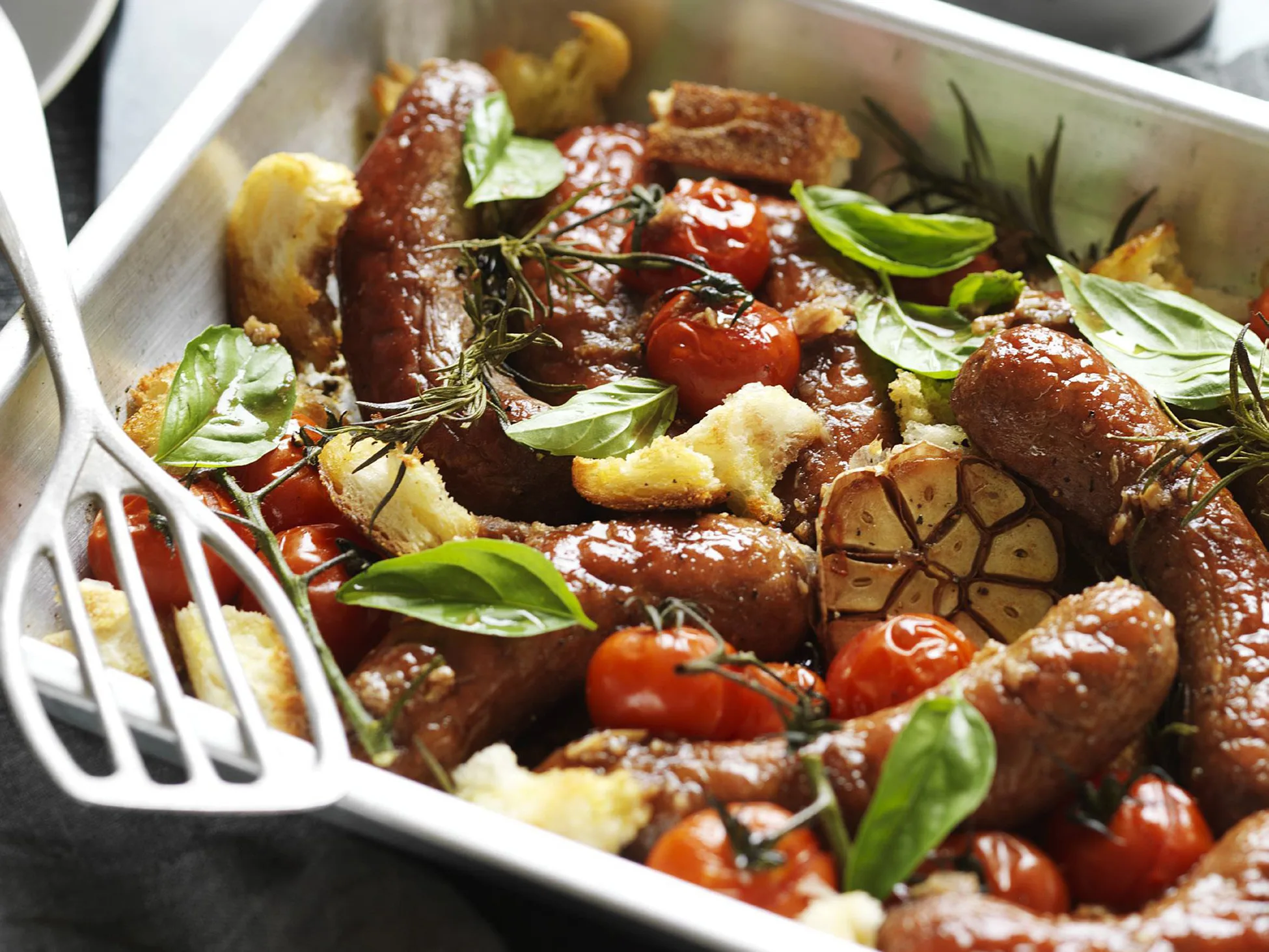 Baked Beef Sausages with Rosemary and Tomato