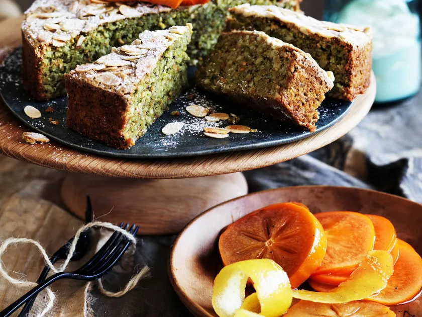 Pistachio Almond Cake with Poached Persimmons