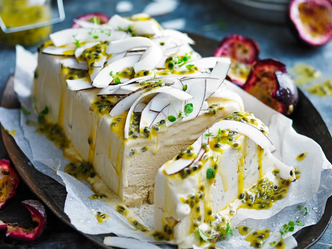 Sugar-free salted coconut and passionfruit semifreddo